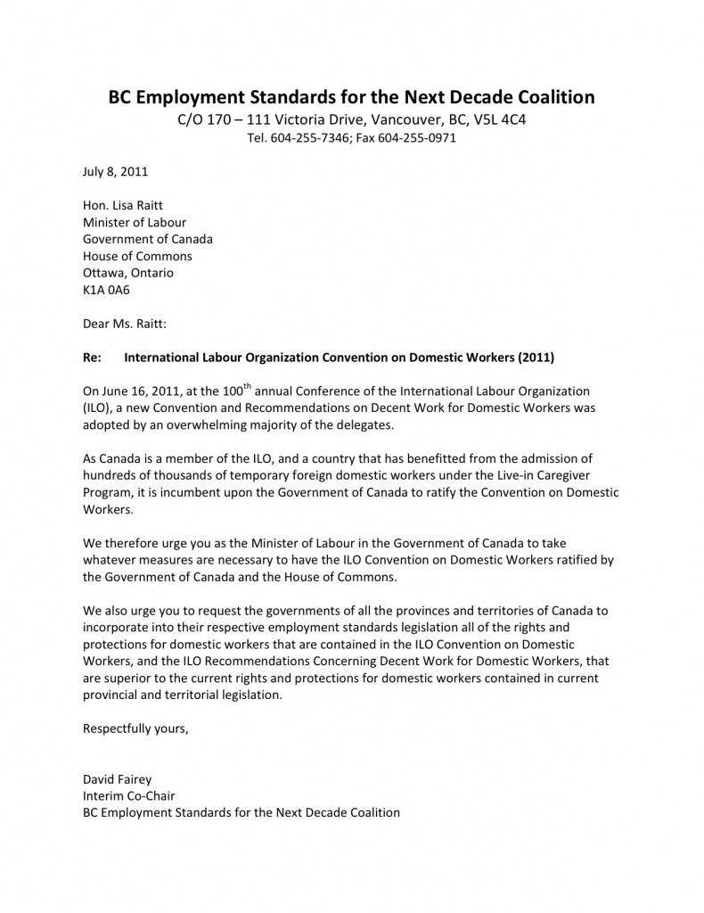 Letter to Federal Government | BC Employment Standards Coalition